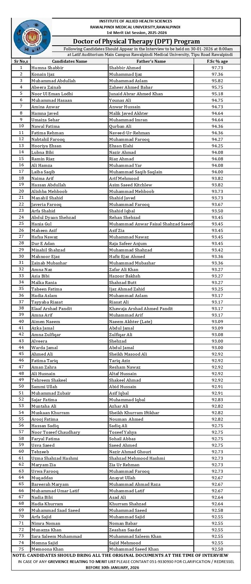 AHS Merit List 2 Session 2025-26 - RAWALPINDI MEDICAL UNIVERSITY